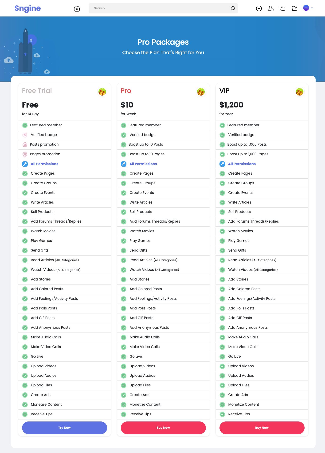 Pro Packages and Subscriptions system on Sngine – Sngine
