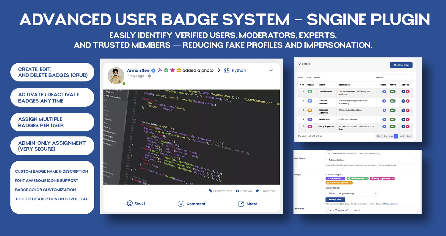 Advanced User Badge System – Sngine Plugin (Admin-Controlled) – Sngine